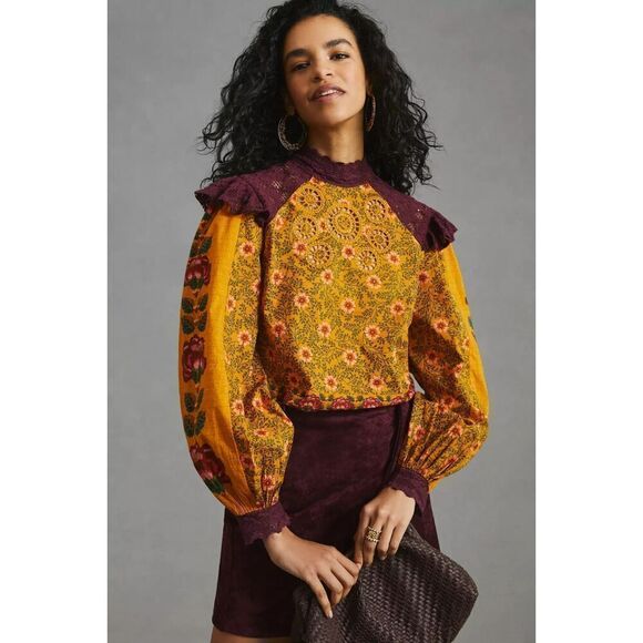 FARM Rio | Tops | Anthropologie Farm Rio Ruffled Blouse Floralprinted ...